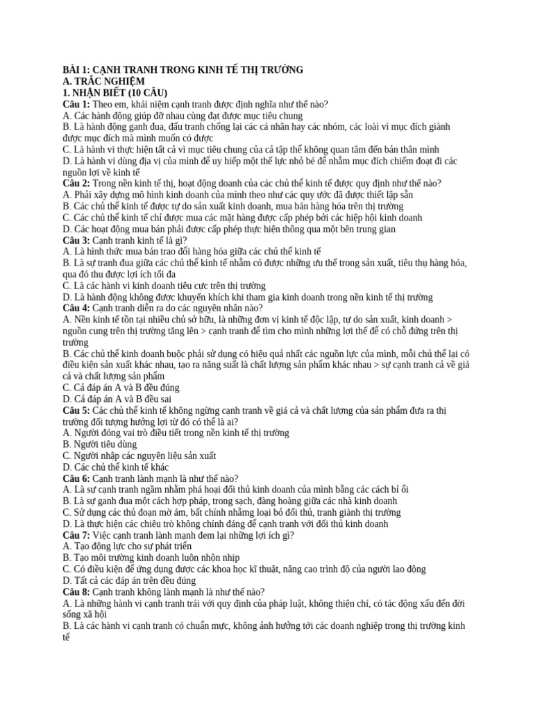 TRẮC NGHIỆM KTPL 11 BÀI 1+2+3+4+5 | PDF