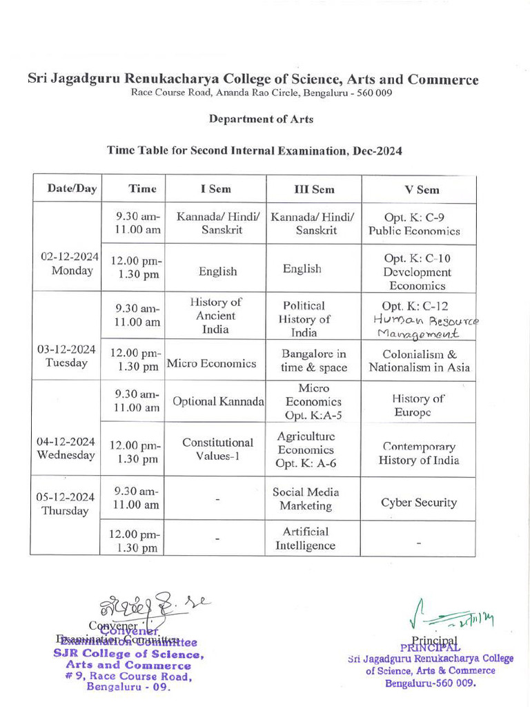Second Internal Exam Time Table Dec 2024 | PDF