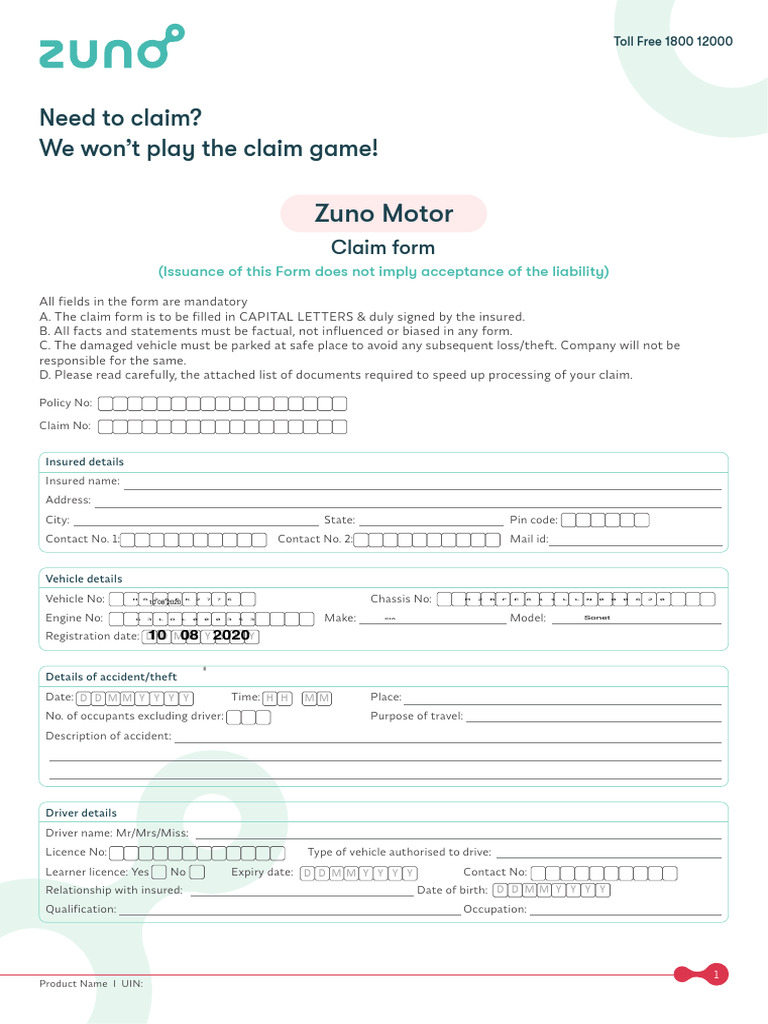Zuno Motor Claim Form - V-1.0 | PDF | Insurance | Driver's License