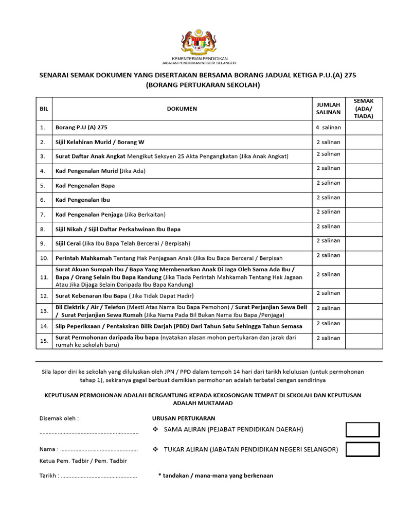 Senarai Semak Dokumen Yang Perlu Disertakan Untuk Pertukaran Murid ...