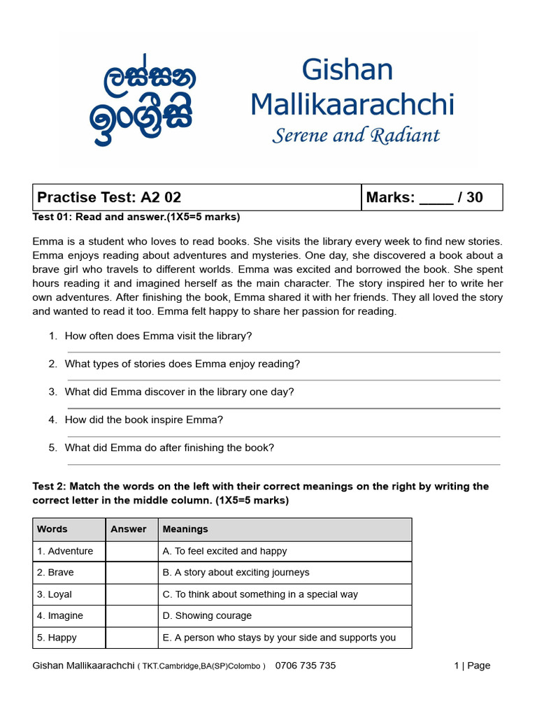A2 Reading and Language Practice Test | PDF