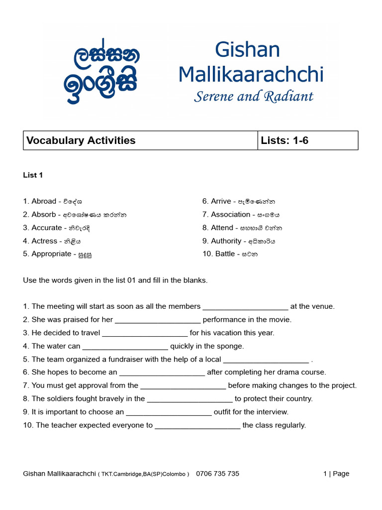 Worksheet - A2 - Vocabulary Activities | PDF