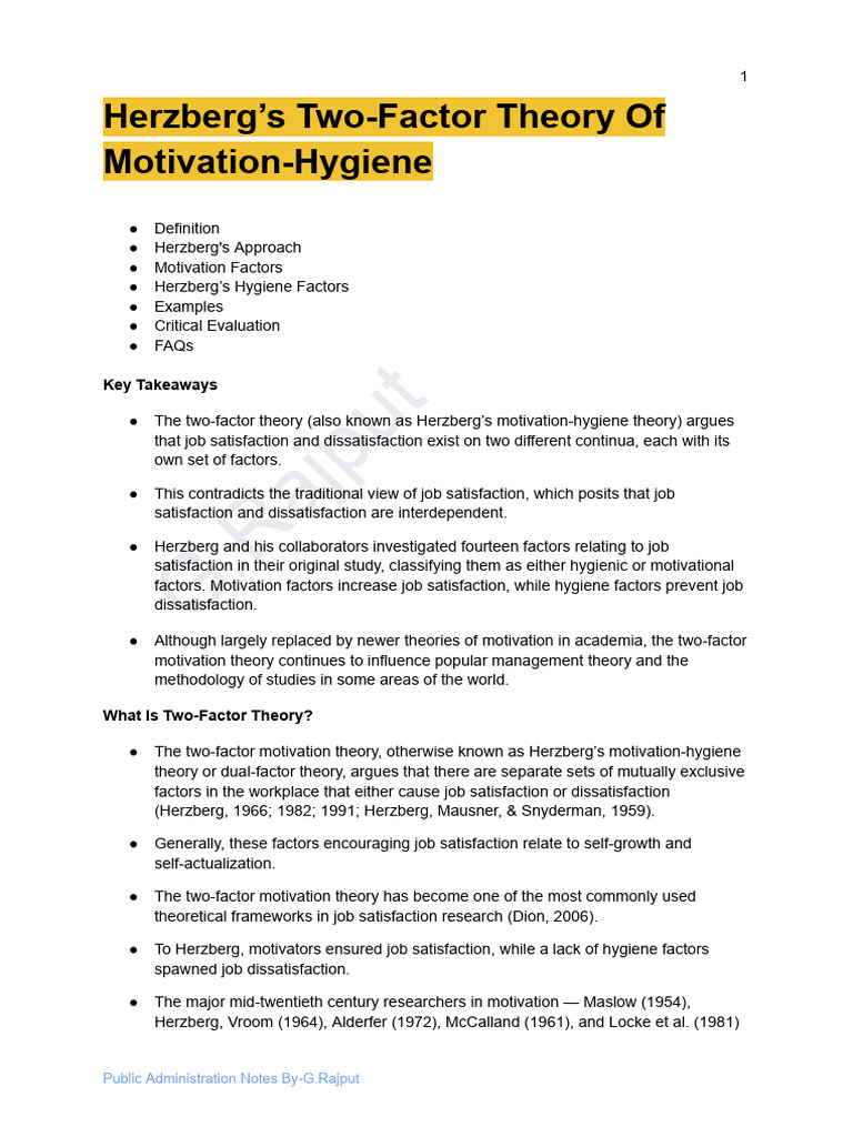 Herzberg's Two-Factor Theory - Class Notes | PDF | Motivation ...