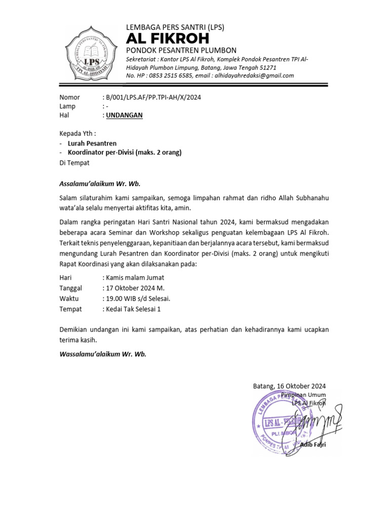 Undangan Rapat HSN 2024 LPS Al Fikroh | PDF