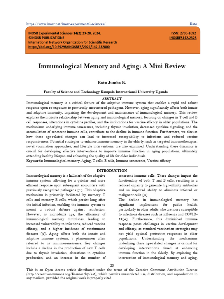 Immunological Memory and Aging: A Mini Review (WWW - Kiu.ac - Ug) | PDF | Immune System | T Cell