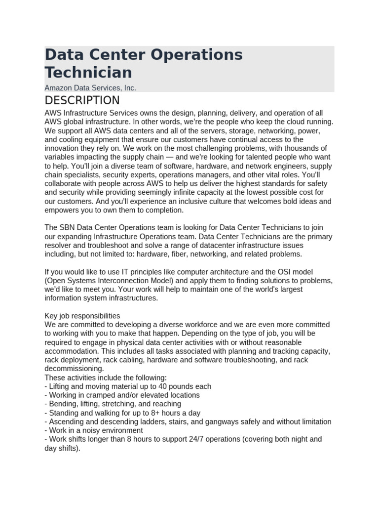 Data Center Operations Technician | PDF | Data Center | Amazon Web Services