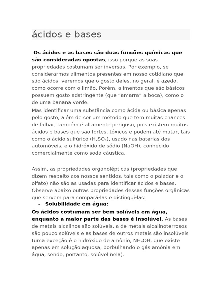 Ácidos e Bases | PDF | Solubilidade | Ácido