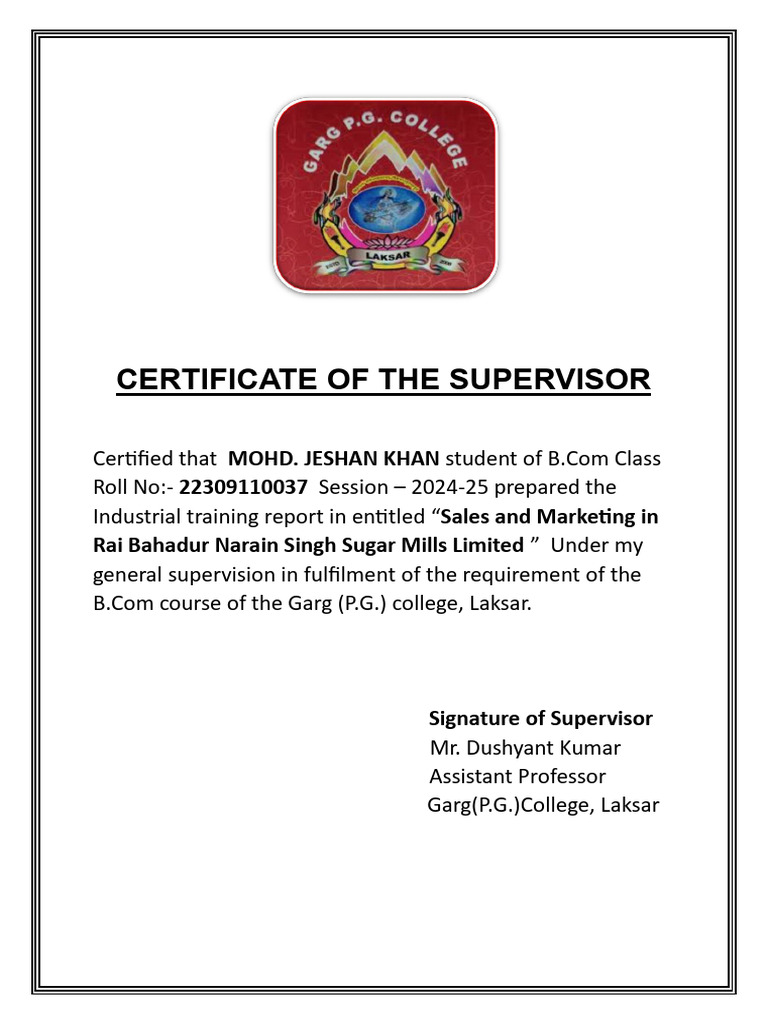 Supervisor Certificate for Training Report | PDF