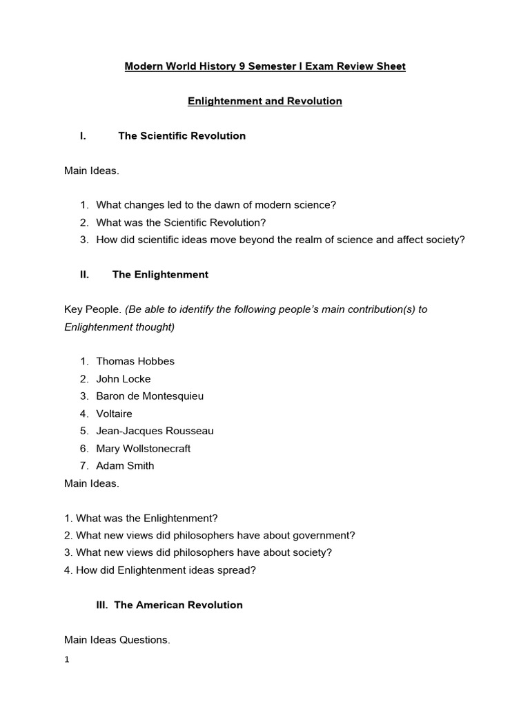 Semester I Exam Review Sheet 2024-25 | PDF | Age Of Enlightenment ...