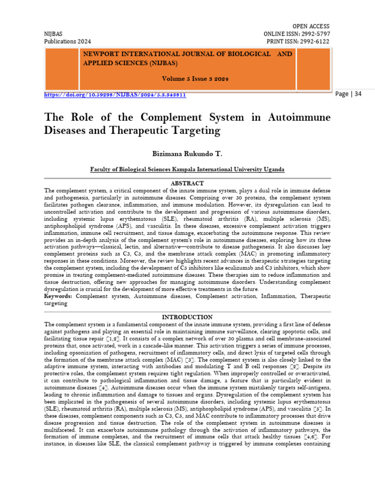 The Role of The Complement System in Autoimmune Diseases and ...