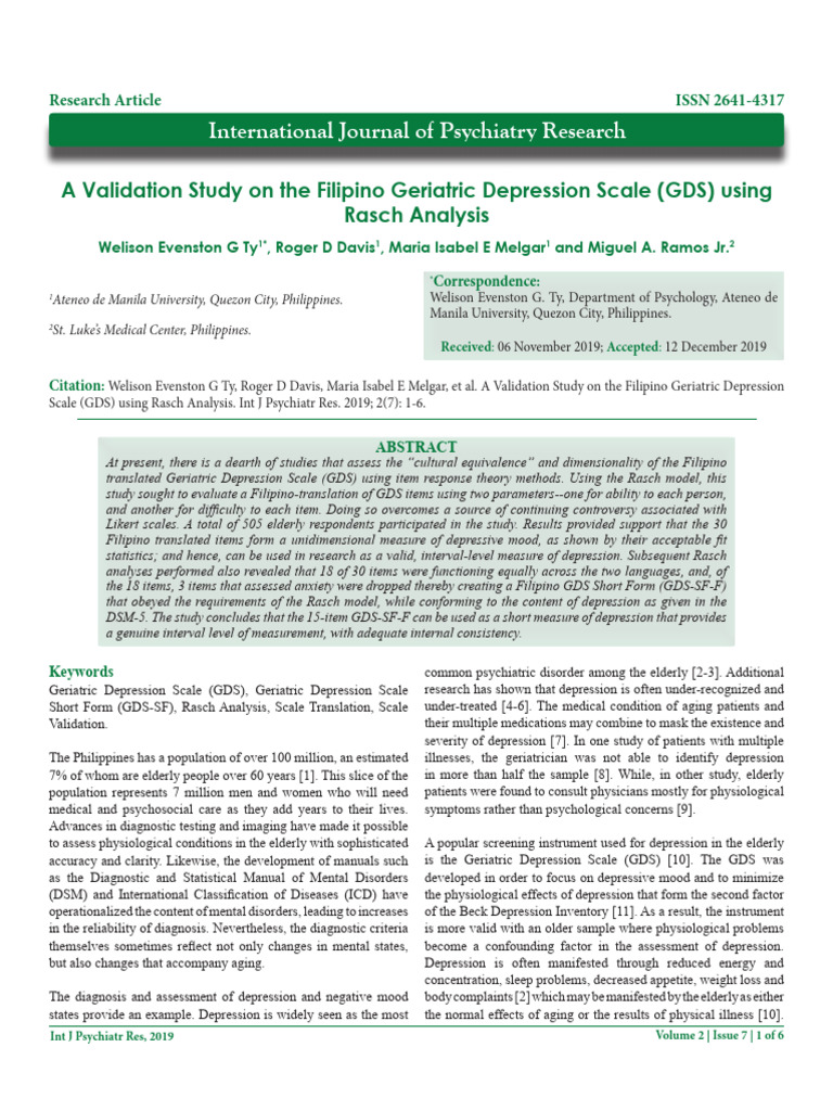A Validation Study on the Filipino Geriatric Depression Scale Gds Using ...