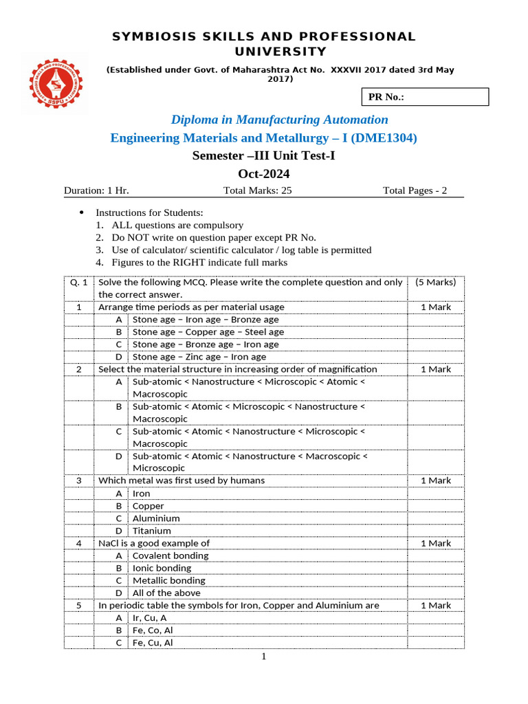 QP UT1 DMA Matl Science | PDF | Archaeology | Materials