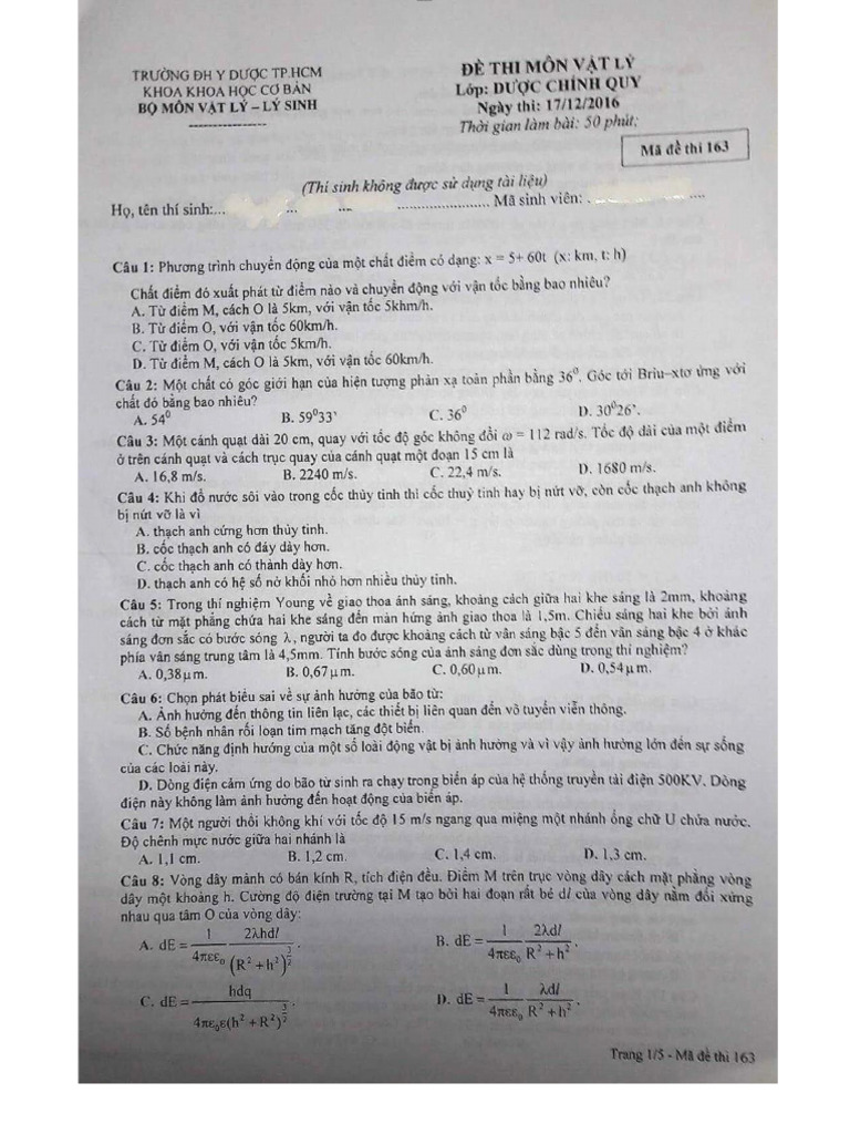 de-thi-cuoi-ky-mon-vat-ly-ly-sinh-co-dap-an-truong-dai-hoc-y-duoc-than-119026 | PDF