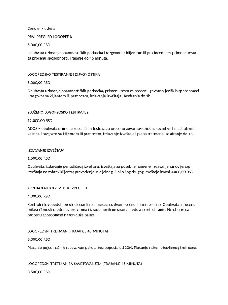 Cenovnik Usluga | PDF