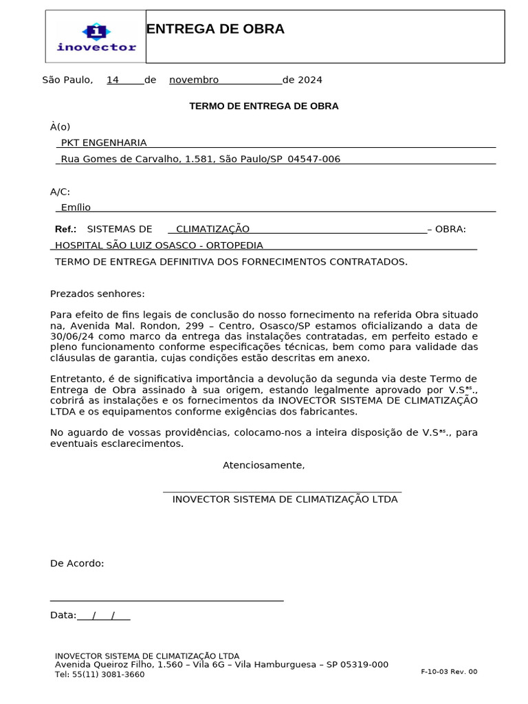 F-10-03 Termo de Entrega de Obra - 24 - 029 - HSLO | PDF