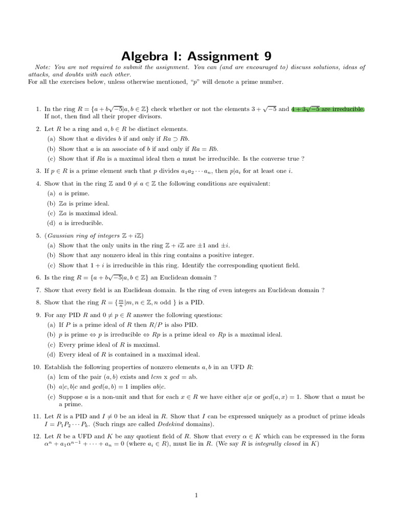 algebra_1_homework_9 | PDF | Ring (Mathematics) | Mathematical Structures