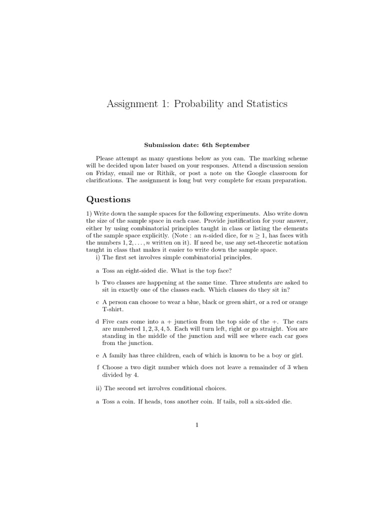 Assignment 1 - Probability and Statistics | PDF | Mathematical Concepts | Mathematics