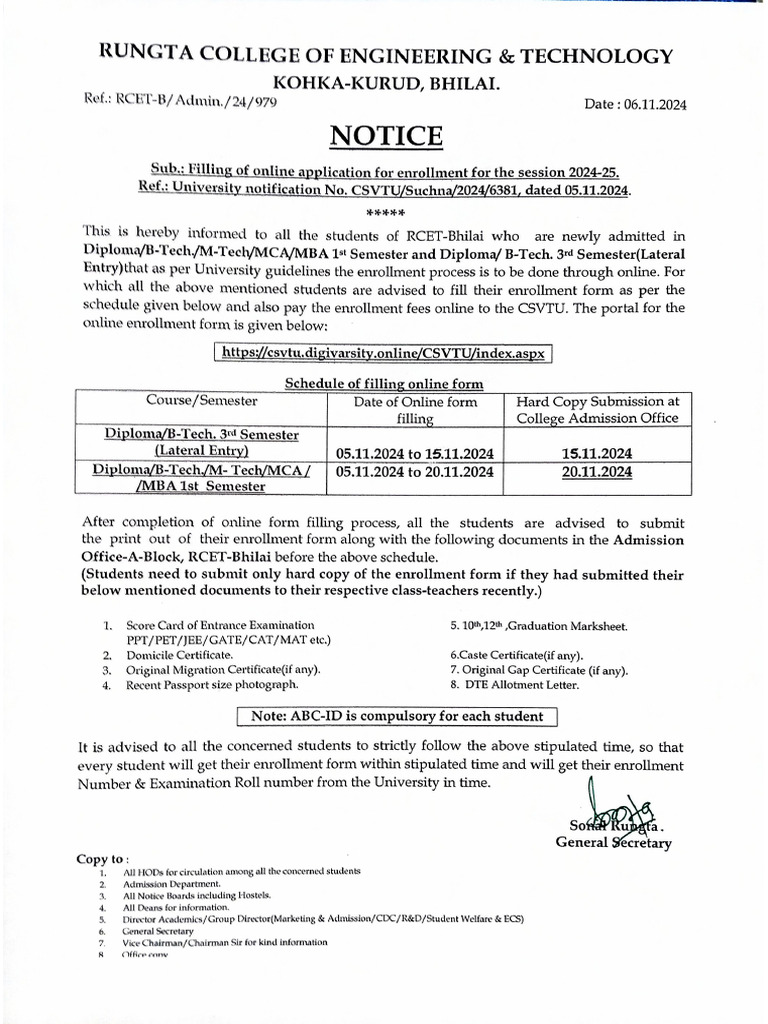 Notice for Filling of Online Application for Enrollment | PDF