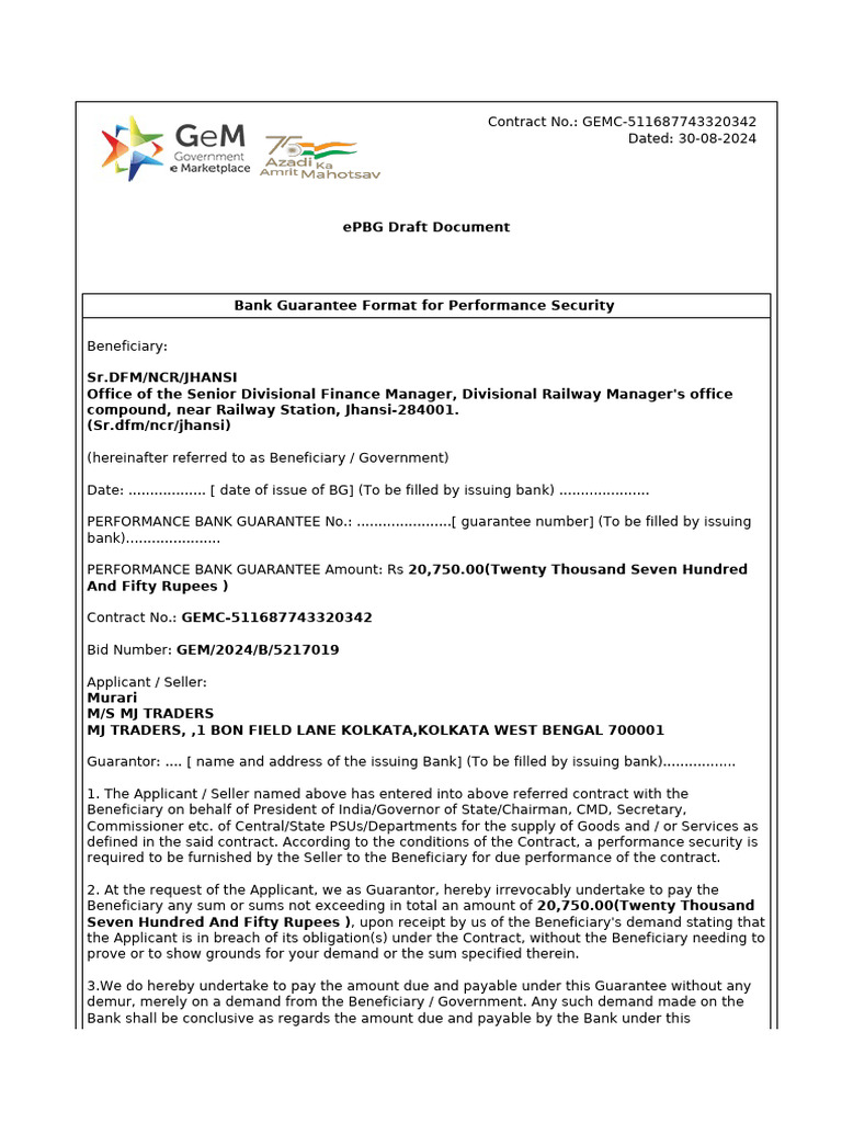 Performance Bank Guarantee Draft | PDF | Guarantee | Business Law