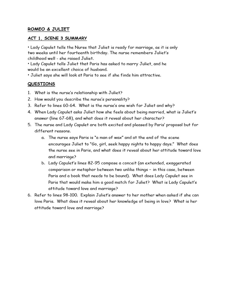 R - J Act 1 Scene 3 Summary and Questions | PDF
