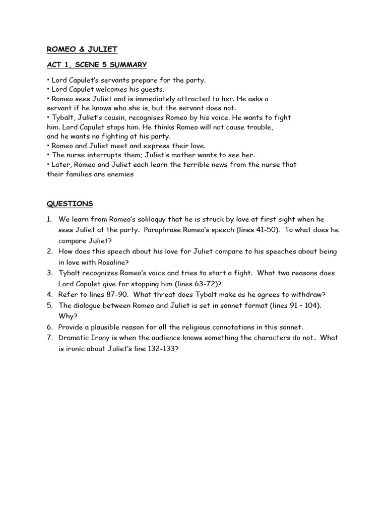 R - J Act 1 Scene 5 Summary and Questions | PDF