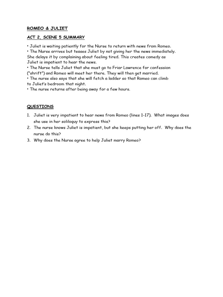 R - J Act 2 Scene 5 Summary and Questions | PDF