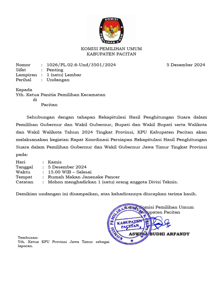 Undangan Rapat Koordinasi Persiapan Rekap Tingk. Provinsi | PDF