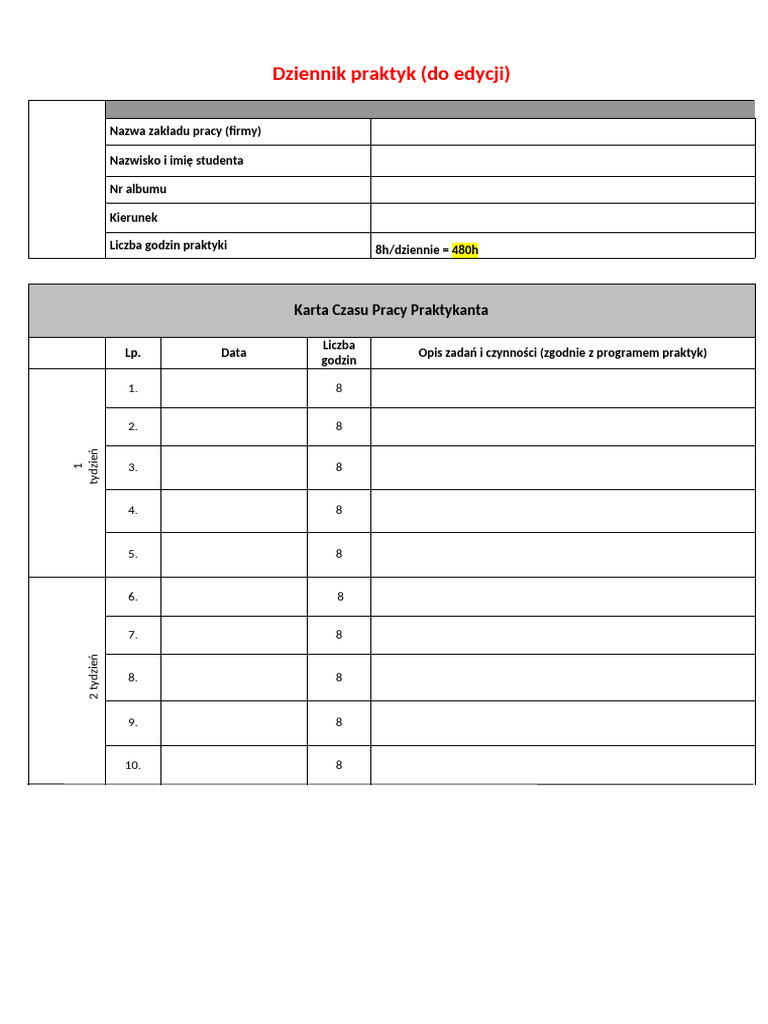 Dziennik - Praktyk - Karta Pracy | PDF