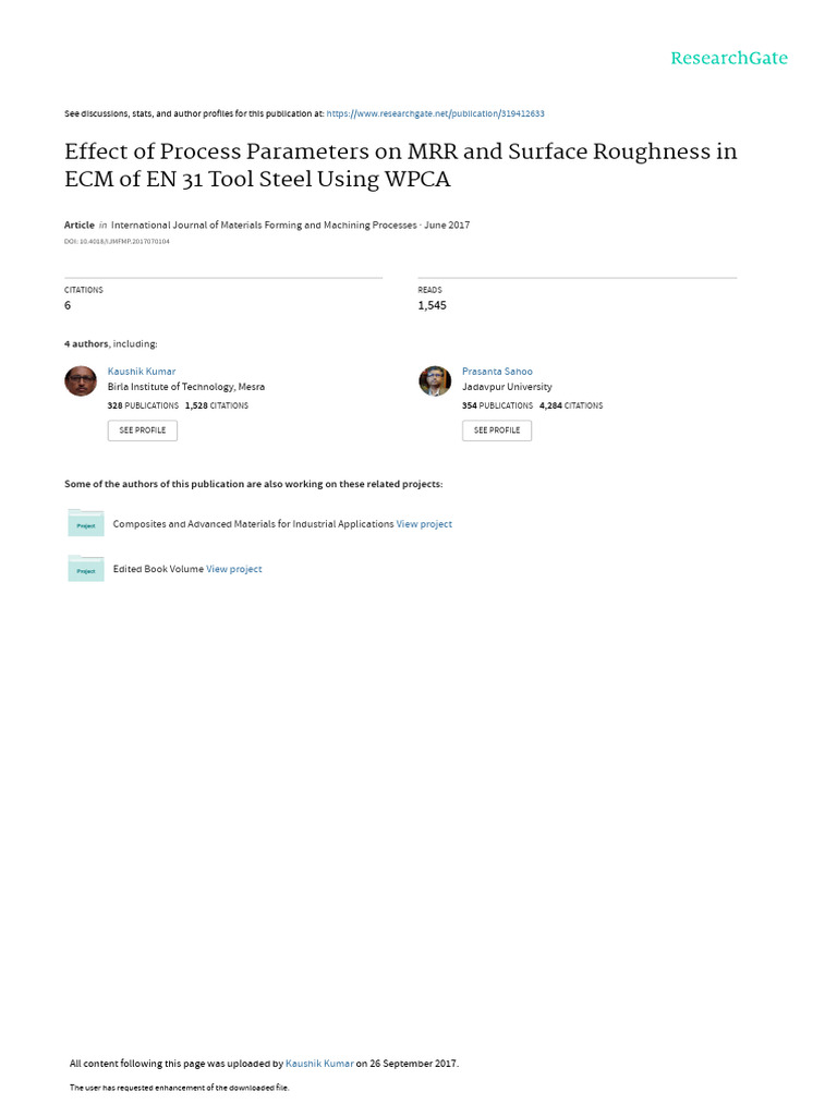 Effect of Process Parameters On MRR and Surface Roughness in ECM of en ...