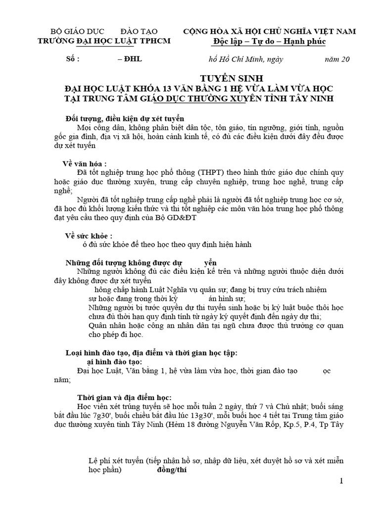 Tây Ninh - Thông Báo Chiêu Sinh VB1 TNK13 | PDF