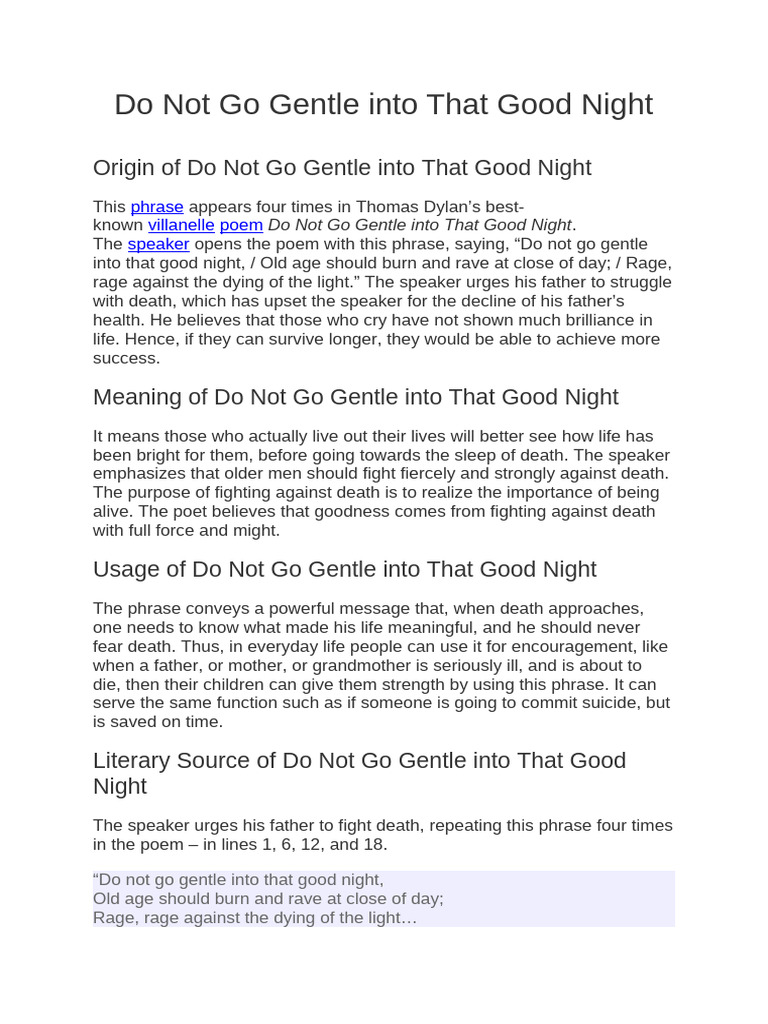 Analysis of "Do Not Go Gentle" Poem | PDF | Poetry | Phonaesthetics