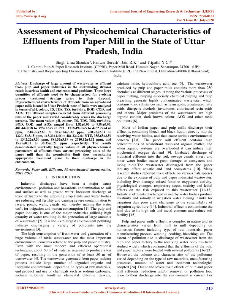 Physicochemical Analysis of Paper Mill Effluents | PDF | Water | Water ...