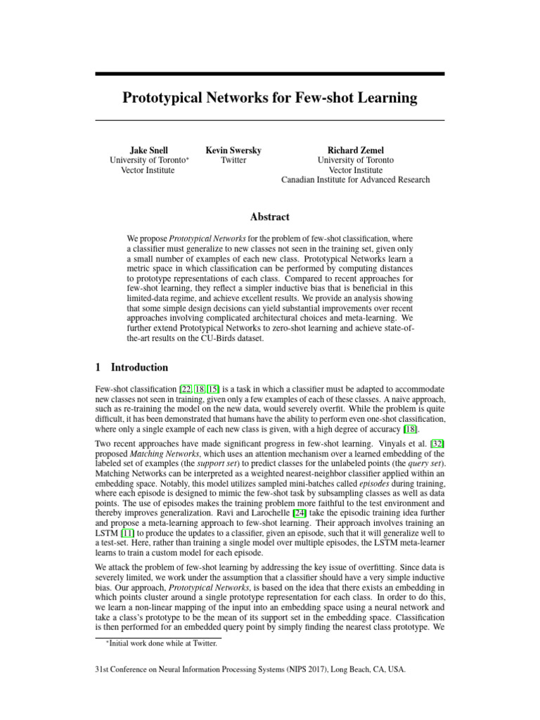NIPS 2017 Prototypical Networks for Few Shot Learning Paper | PDF | Statistical Classification ...