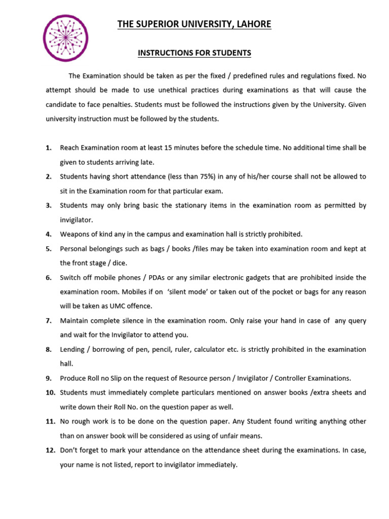 Instructions For Student | PDF