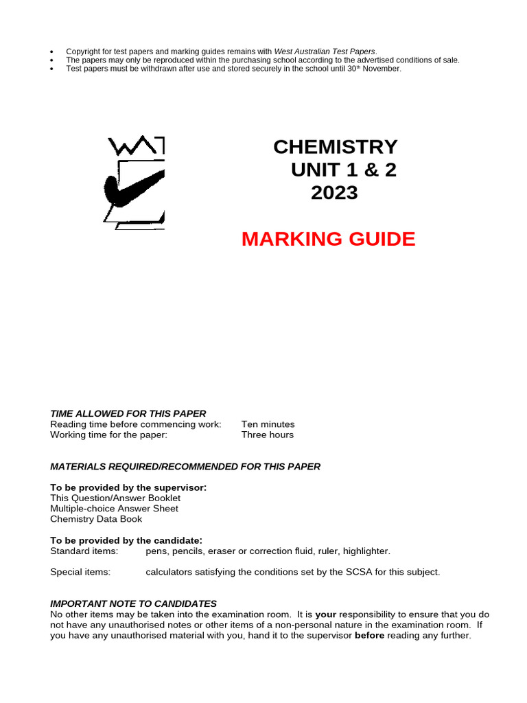 2023 Chemistry Units 12 Marking Guide | PDF | Gases | Emission Spectrum
