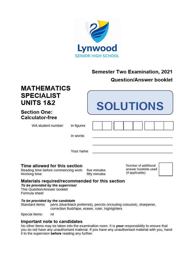 Waep 2021 Yr11 Spec U12 s1 Solns | PDF | Quadratic Equation | Matrix ...