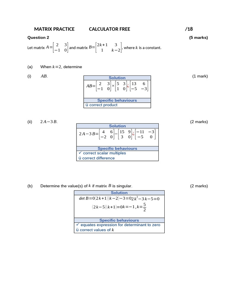Matrices Practice Test - SOLUTIONS | PDF | Matrix (Mathematics ...