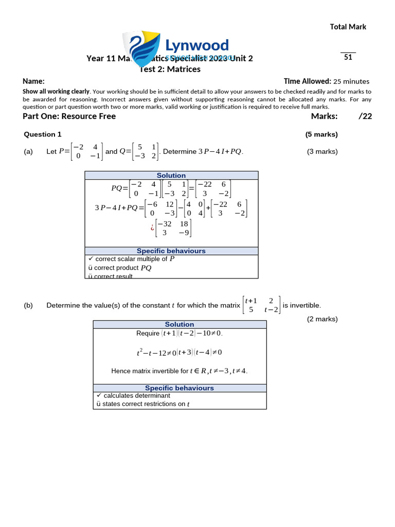 Test 2 2023 Matrices - Solutions | PDF | Matrix (Mathematics) | Mathematics
