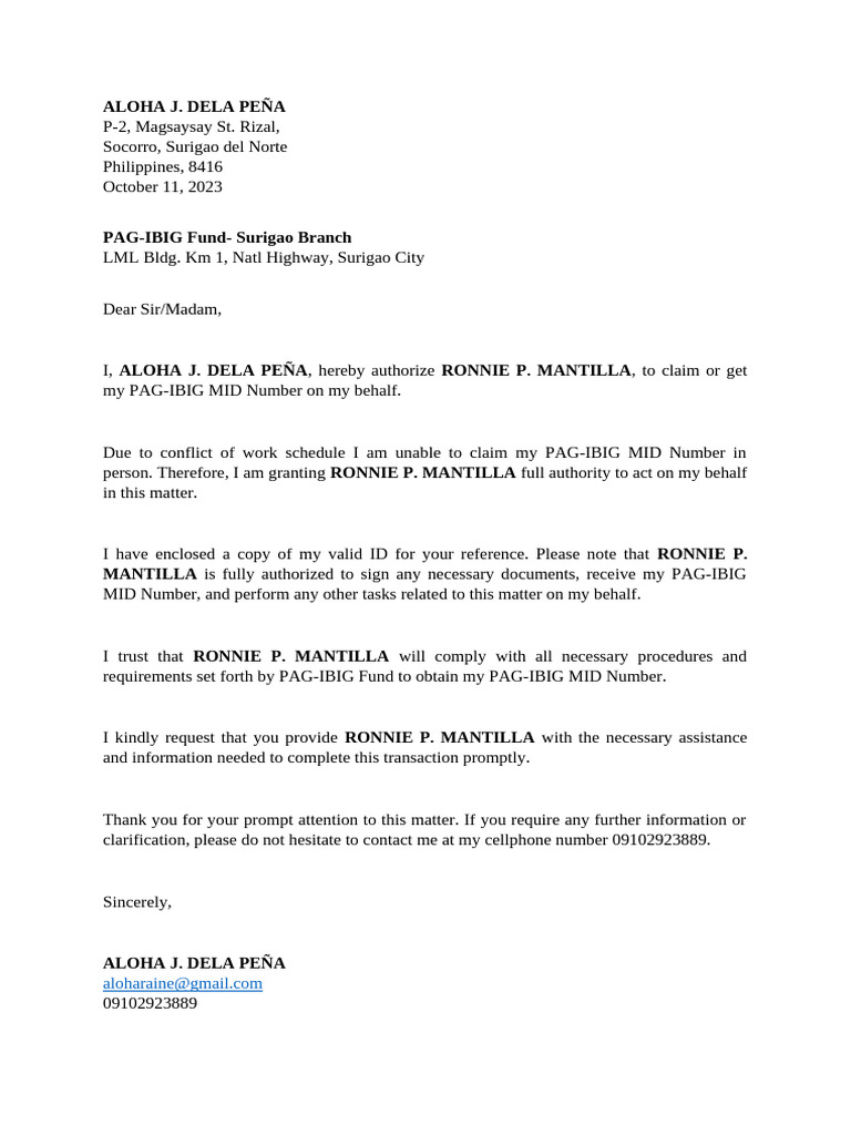Authorization Letter For Pag-Ibig | PDF | Public Finance | Philippines