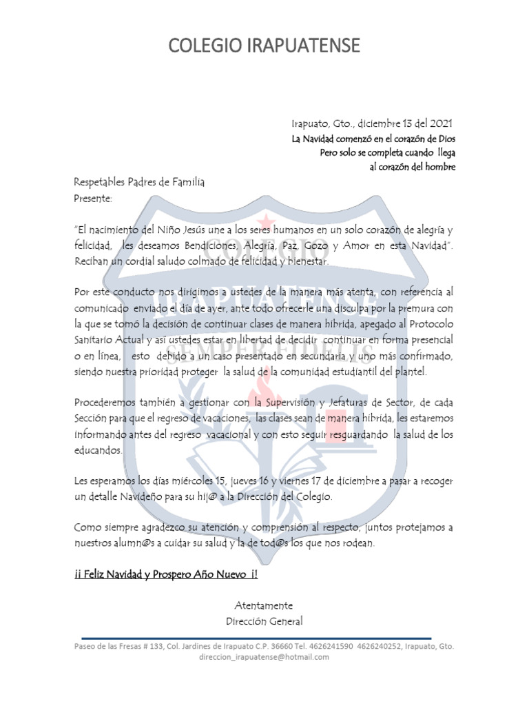 Comunicado Navideño del Colegio Irapuatense | PDF