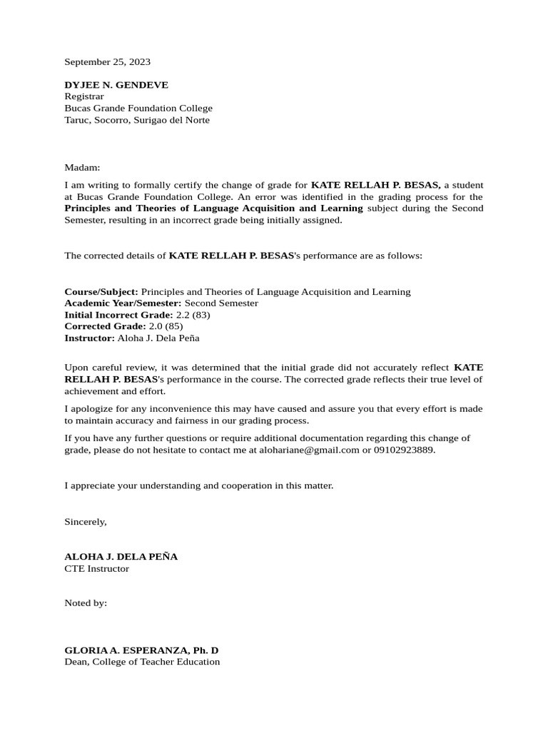 Change of Grade Justification | PDF