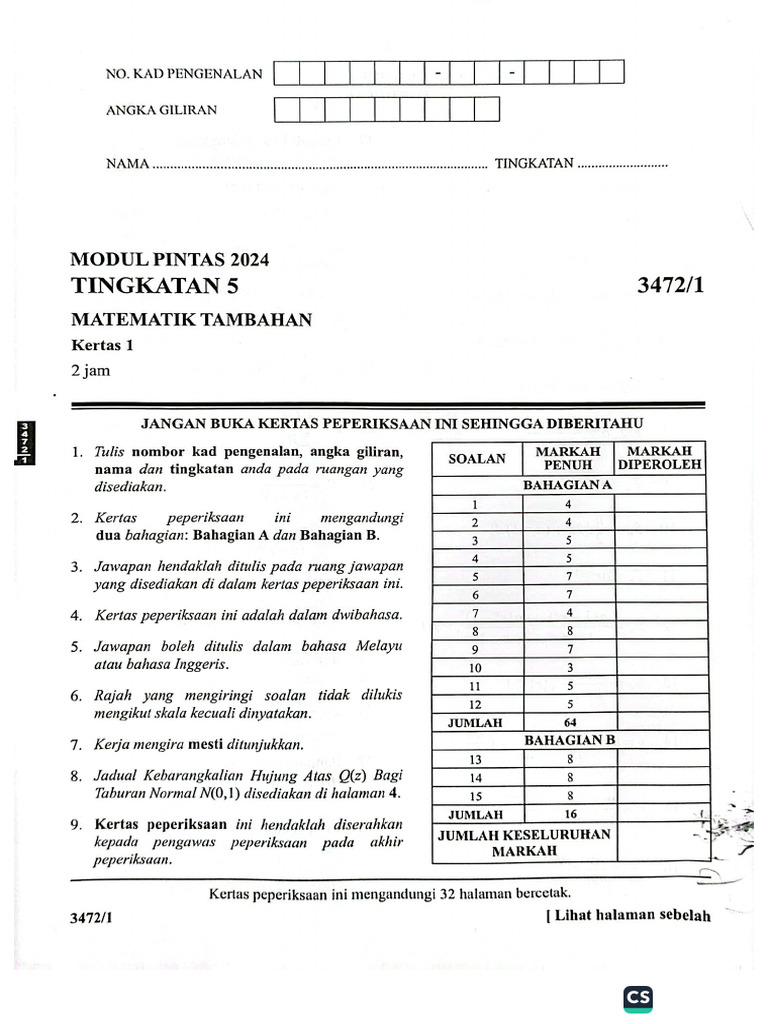 Trial K1 Matematik Tambahan Spm 2024 Selangor Set 2 Pdf