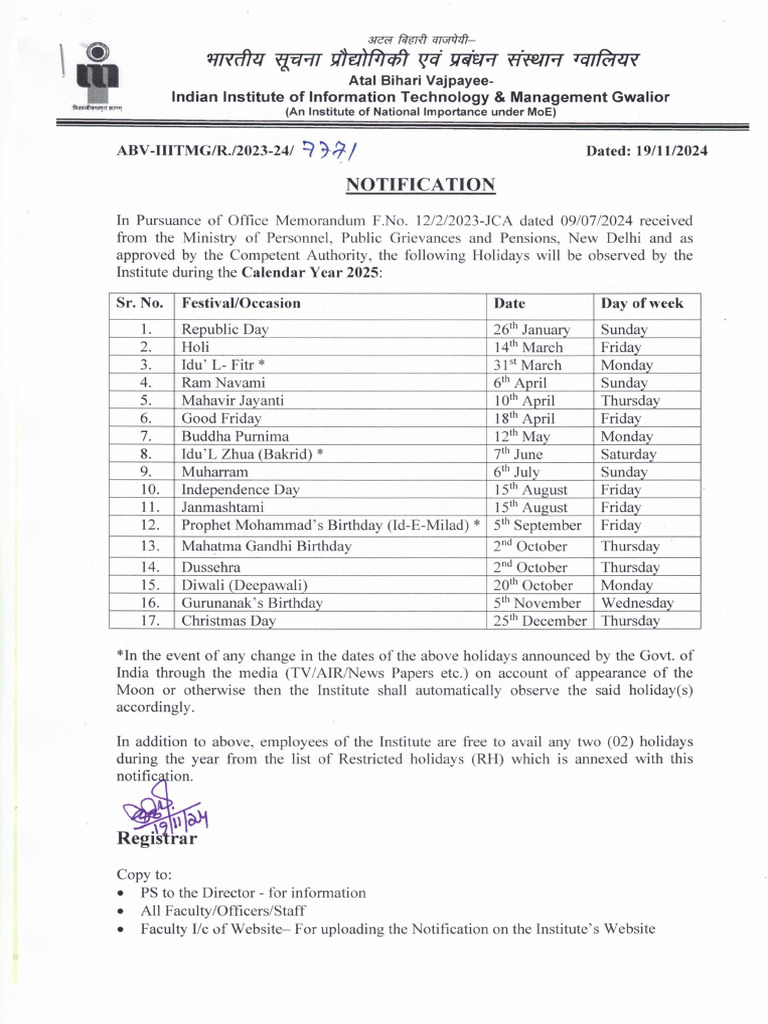 NF - Declaration of Holidays 2025 | PDF