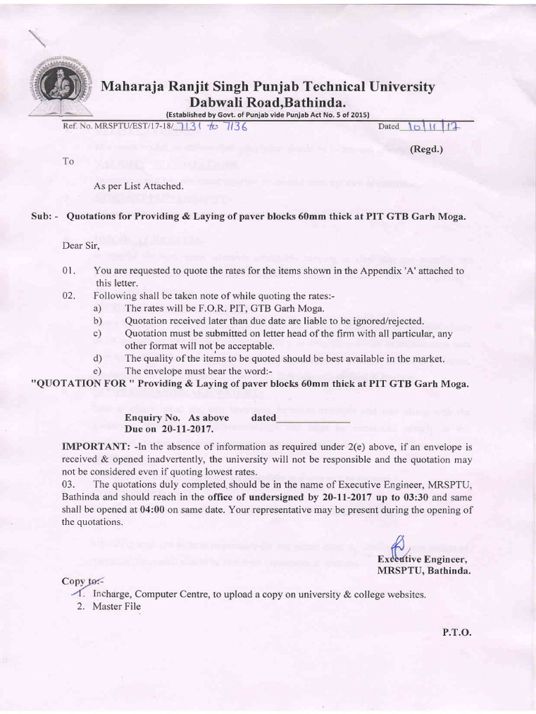 Quotation For Providing & Laying of Paver Blocks 60mm Thick at PIT GTB ...