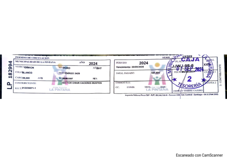 Permiso de Circulación Camión Pluma Hector Caceres | PDF