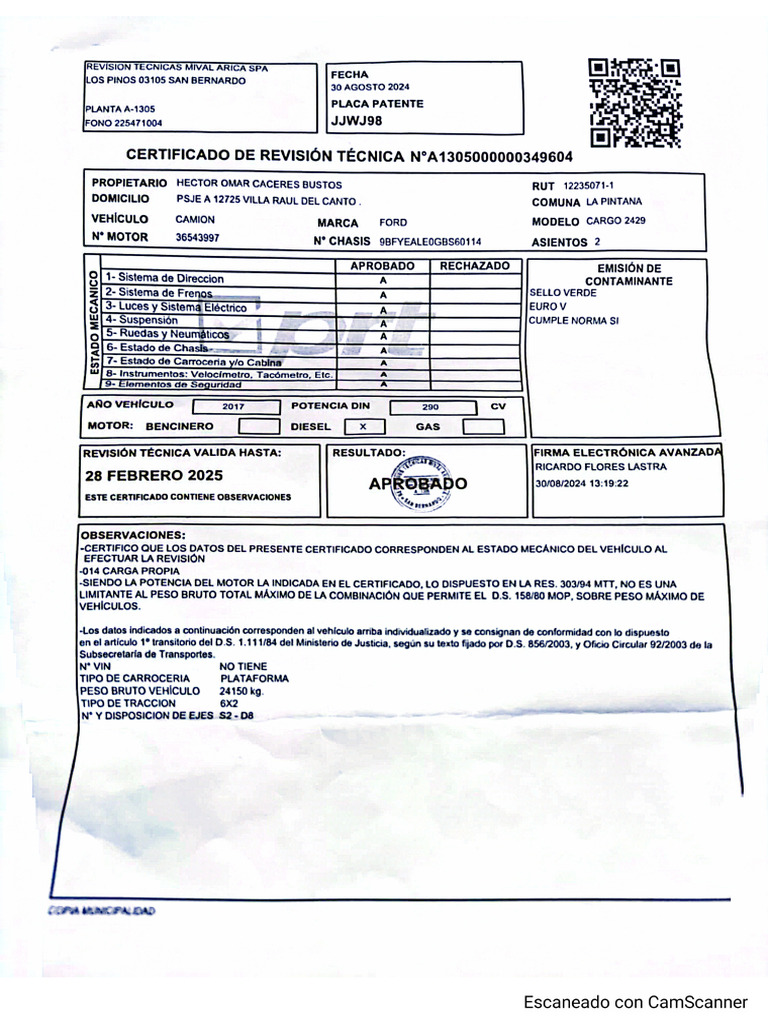 revisión técnica camión pluma hector caceres | PDF