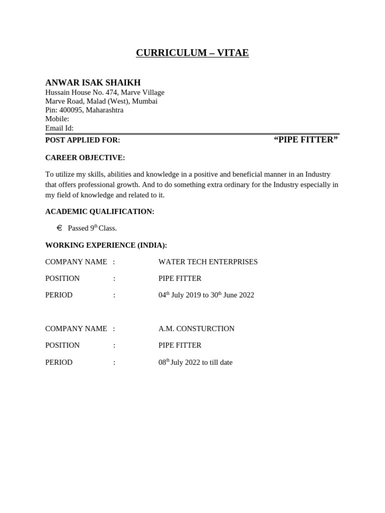 Anwar Isak Shaikh - Pipe Fitter - CV | PDF