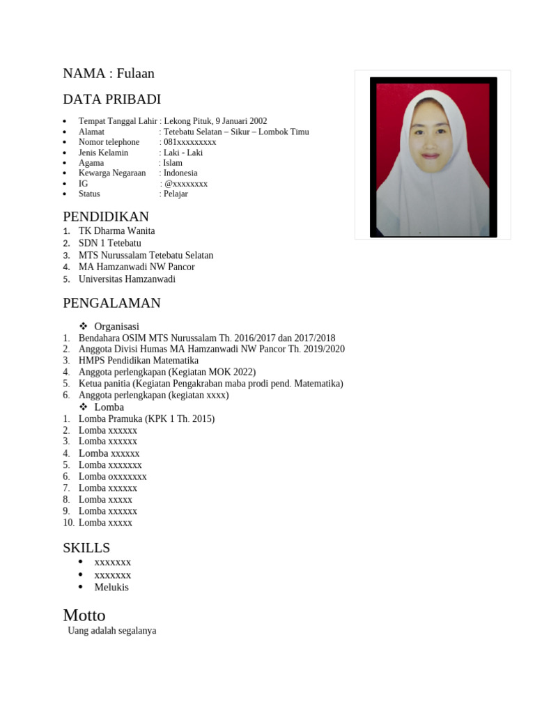 Contoh CV (Curiculum Vitae) - 1 | PDF