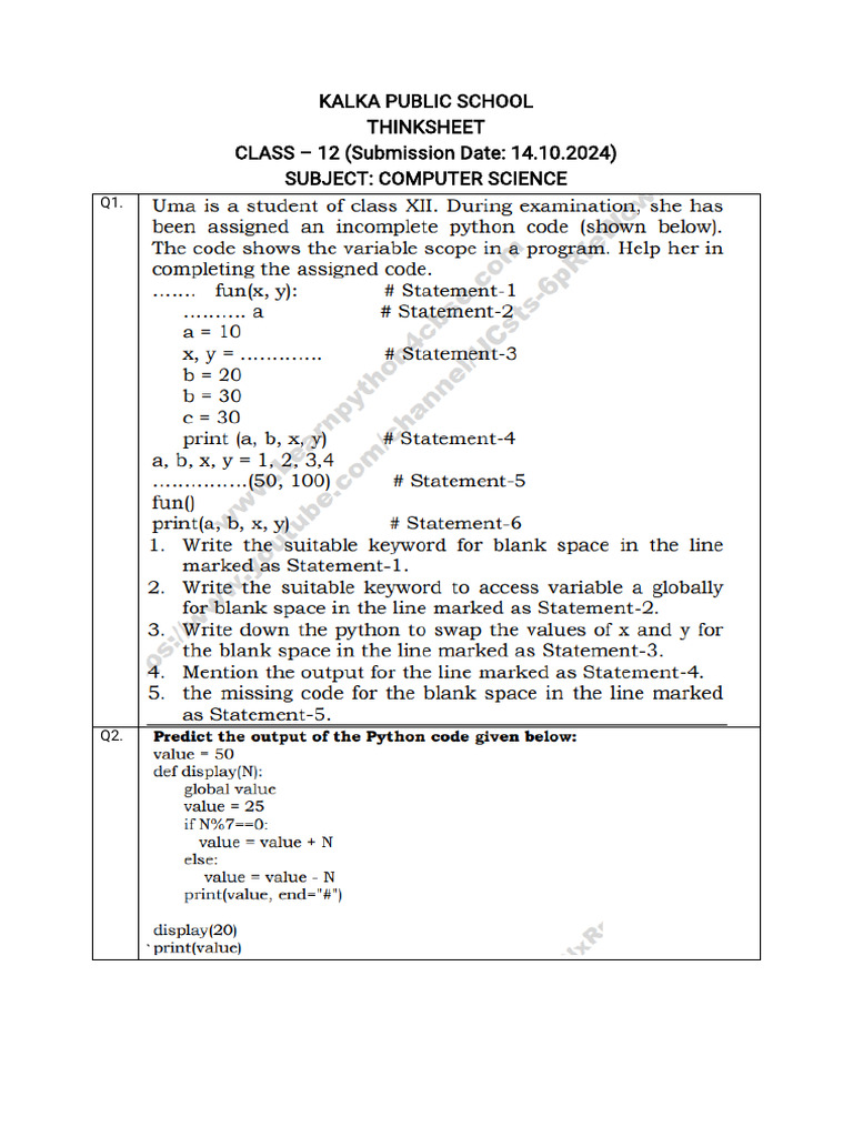 THINKSHEET - Class 12 Computer SC | PDF