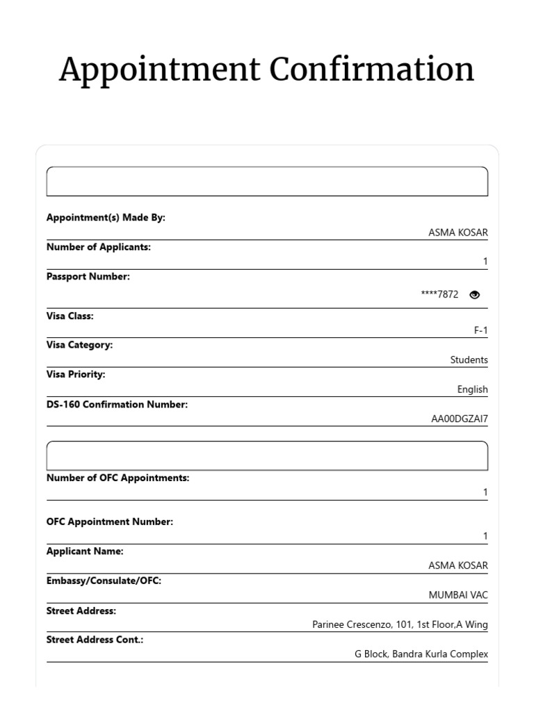Consular Appointment Confirmation Details | PDF | Travel Visa | Usb ...
